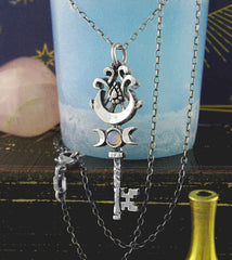 Old-Fashioned Key Pendant With Triple Moon, Crescent & Opal Cabochon ...