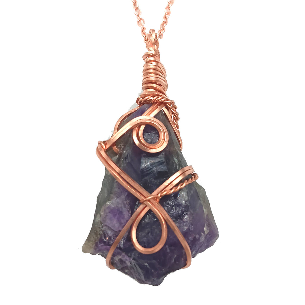 Raw Amethyst Crystal Pendant Necklace Copper Wire-Wrapped 2-Swirl ...