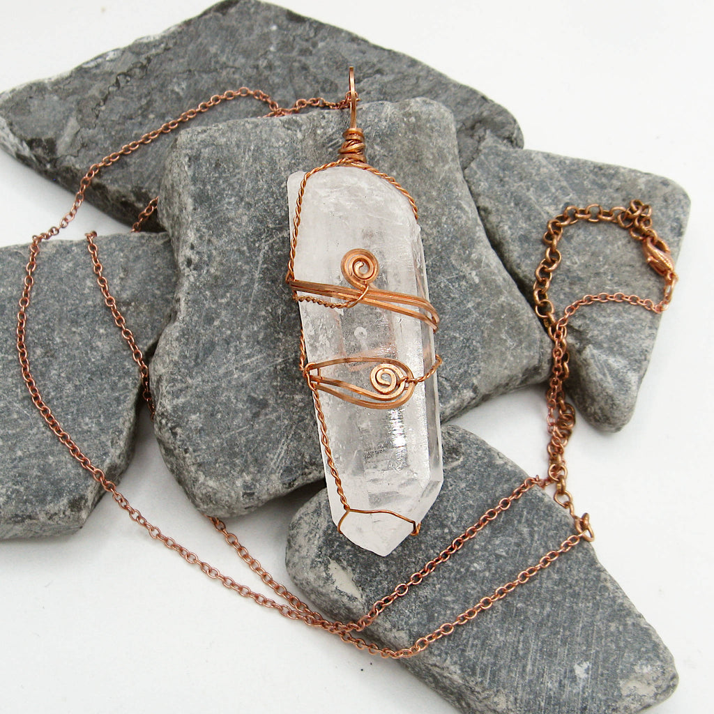 Raw Quartz Crystal Point Pendant Necklace, Copper Wire-Wrapped 24 ...